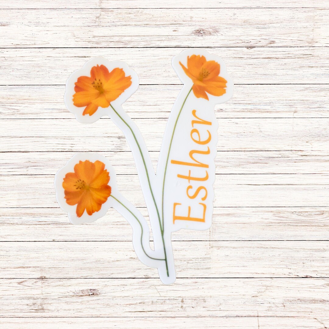 Orange Cosmos Flower Vinyl Name Sticker, Flower Laptop Stickers, Custom ...
