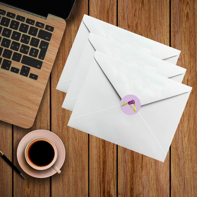 Purple Tulip Sticker Sheet, Round Envelope Seal Stickers, Purple Flower ...