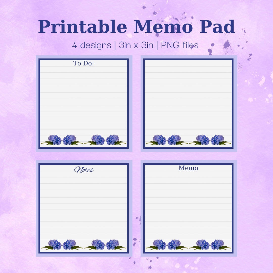 Blue Hydrangea Note Pads Printable, Cute Notepad Templates, Flower ...