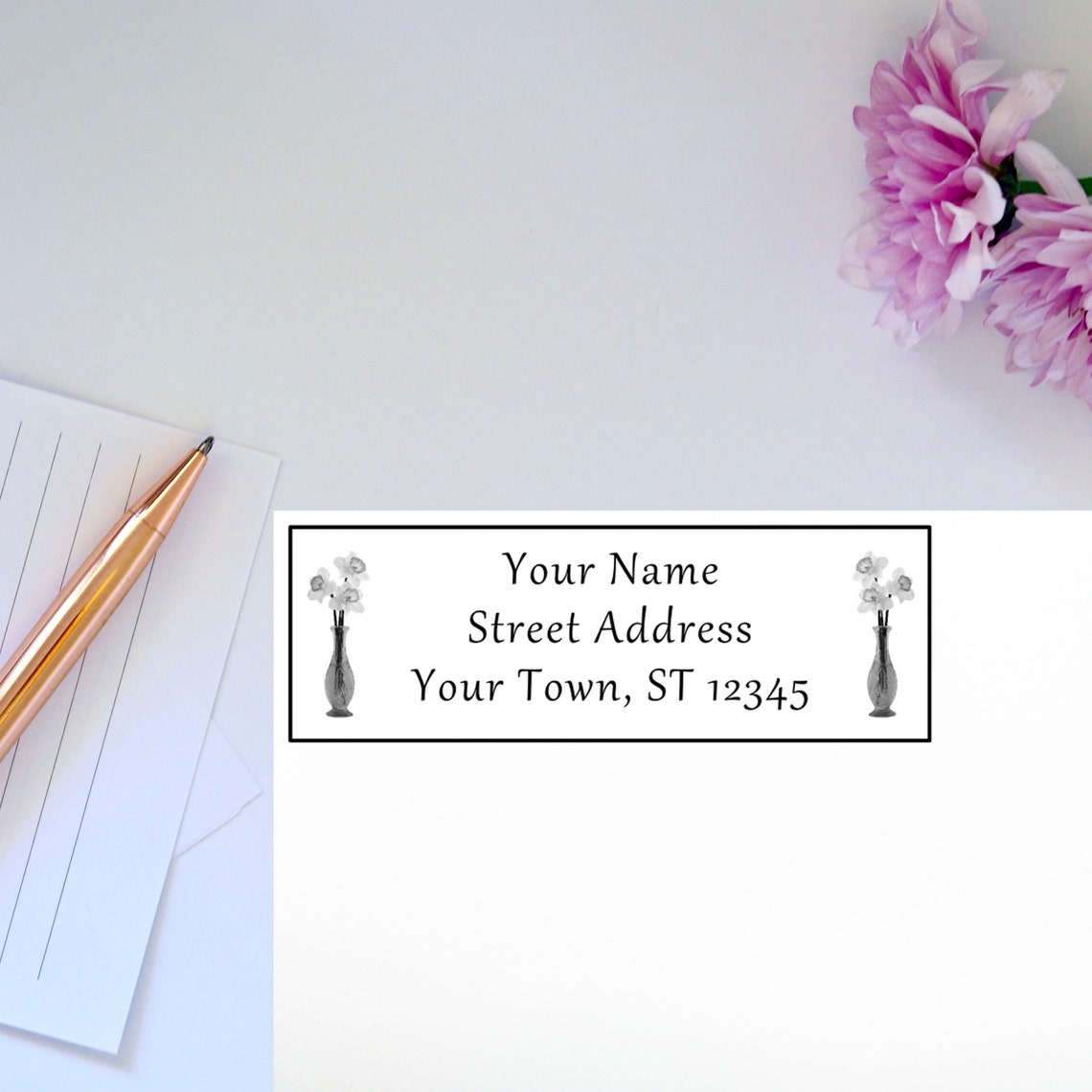 Elegant Set of 30 Daffodil Flower Return Address Labels in Chic Black ...
