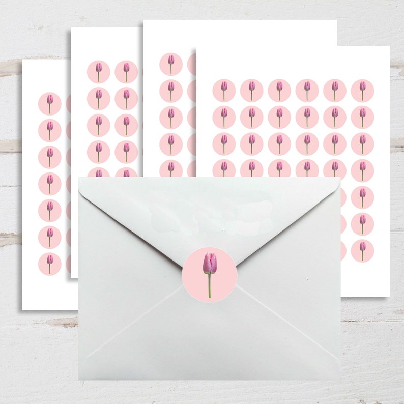 Pink Tulip Envelope Seal Sticker, 1 Inch Circle Stickers Set, Round ...