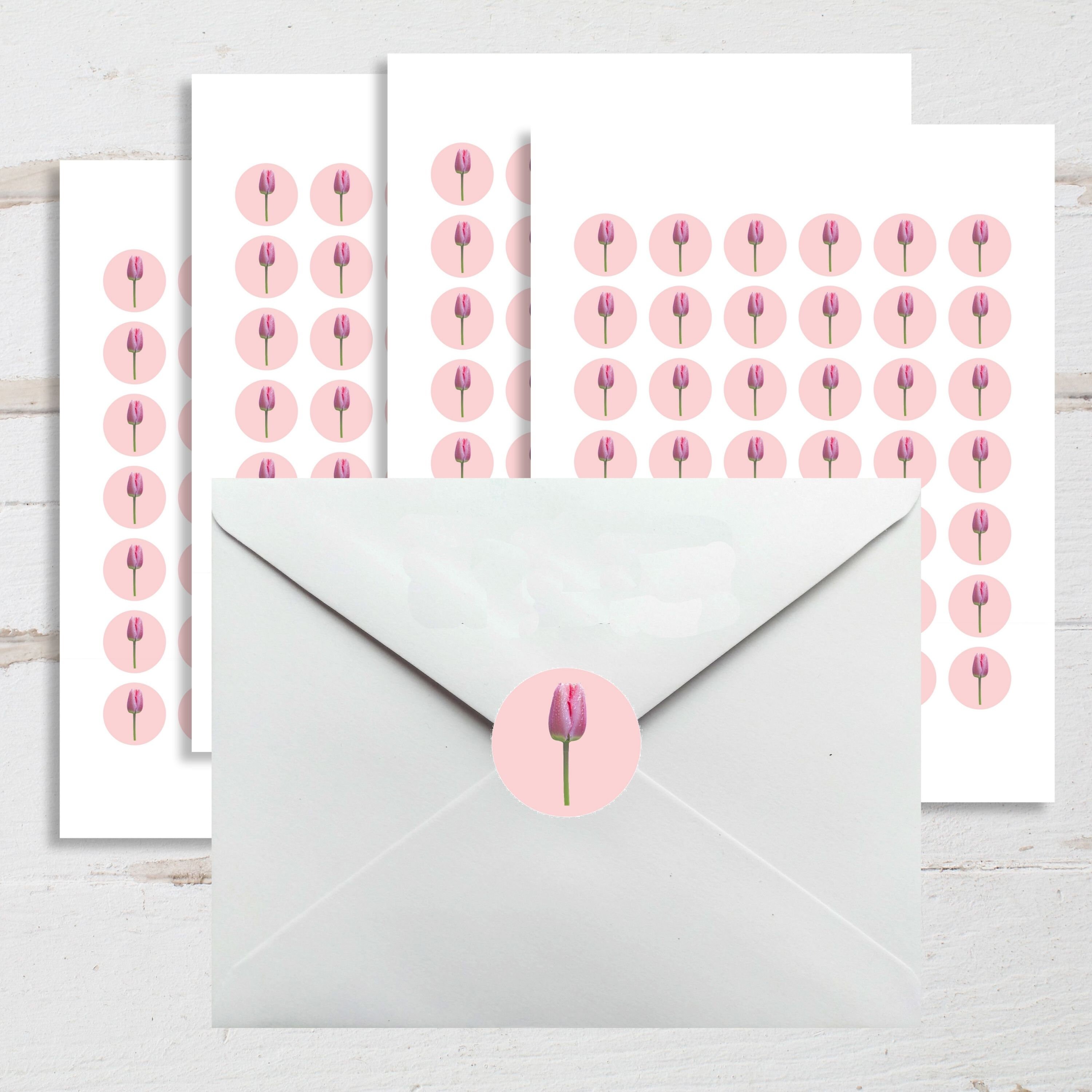 Pink Tulip Envelope Seal Sticker, 1 Inch Circle Stickers Set, Round ...