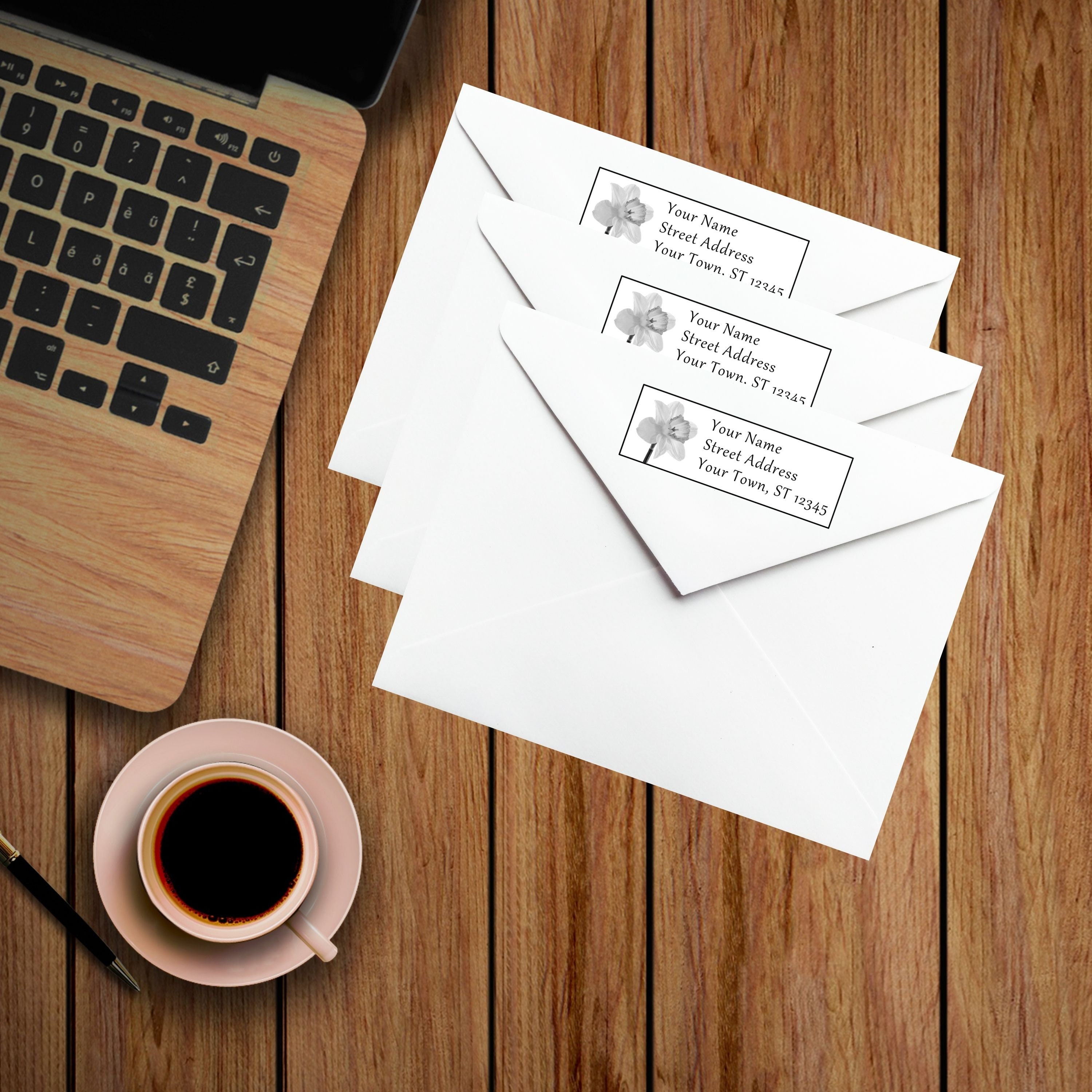 Decorative Floral Vinyl Mailing Labels, Black and White Daffodil Flower ...