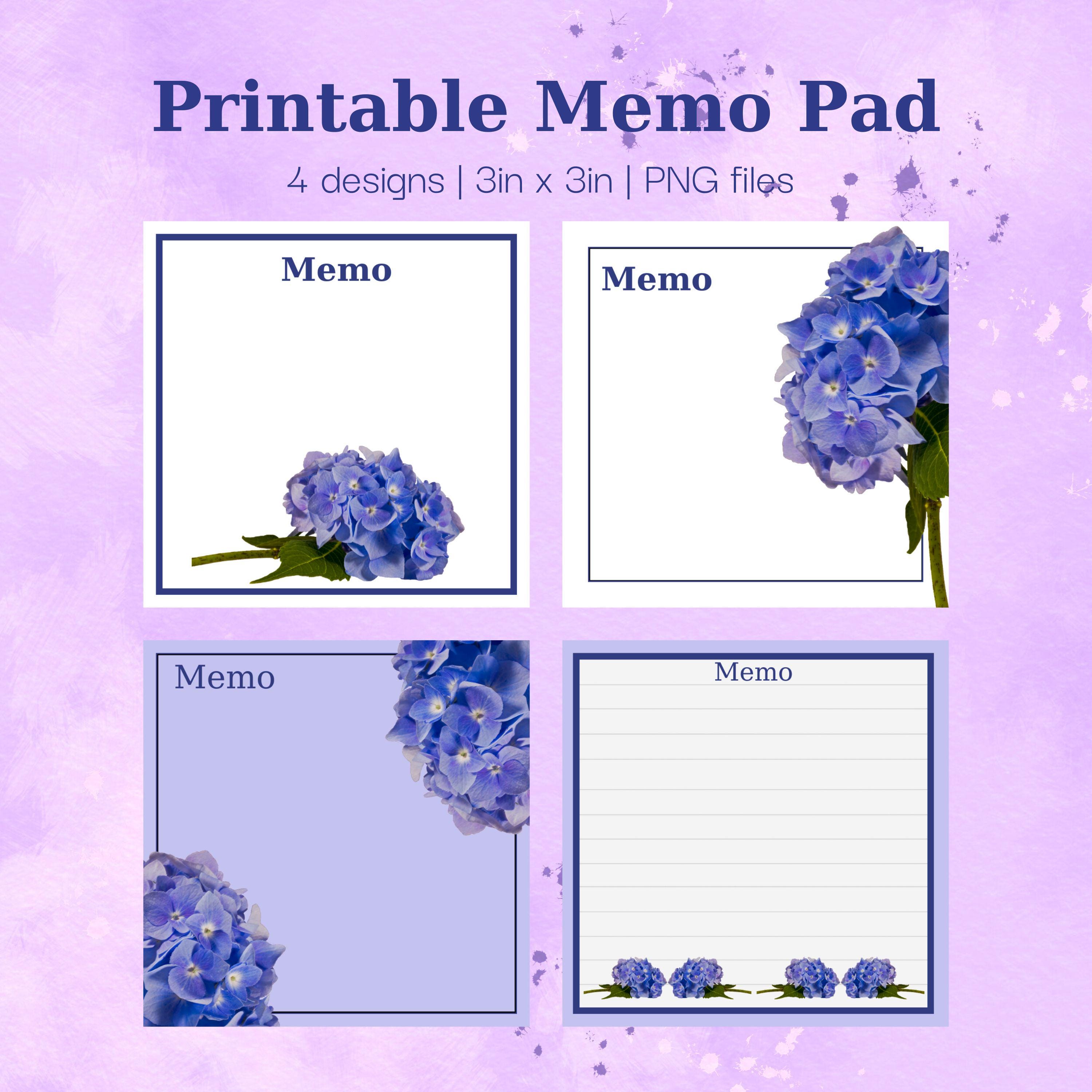 Blue Hydrangea Printable Memo Pad Templates, Floral Memo Sheet Bundle ...