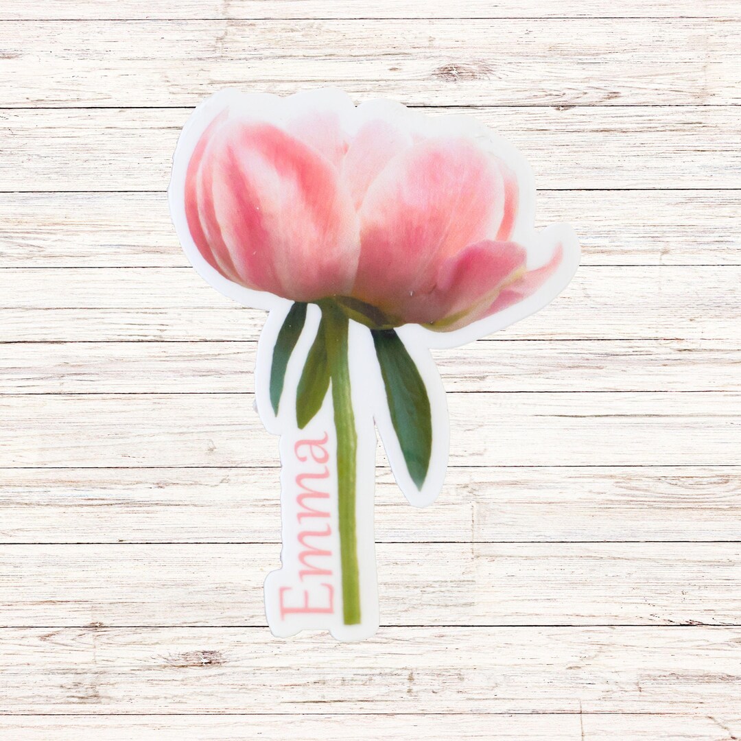 Pink Peony Vinyl Name Sticker for Water Bottles, Floral Name Laptop ...
