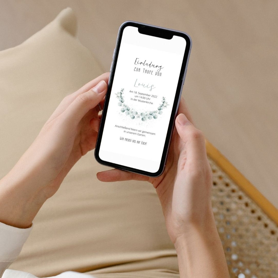 Canva Design | Einladung Taufe digital | Eukalyptus Kranz | Mint ...