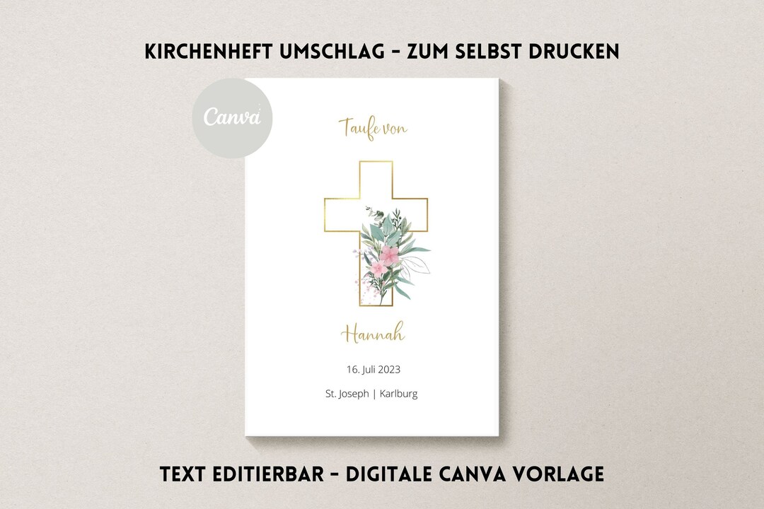Canva Design | Kirchenheft Taufe & Hochzeit digital | Kreuz Blumen ...