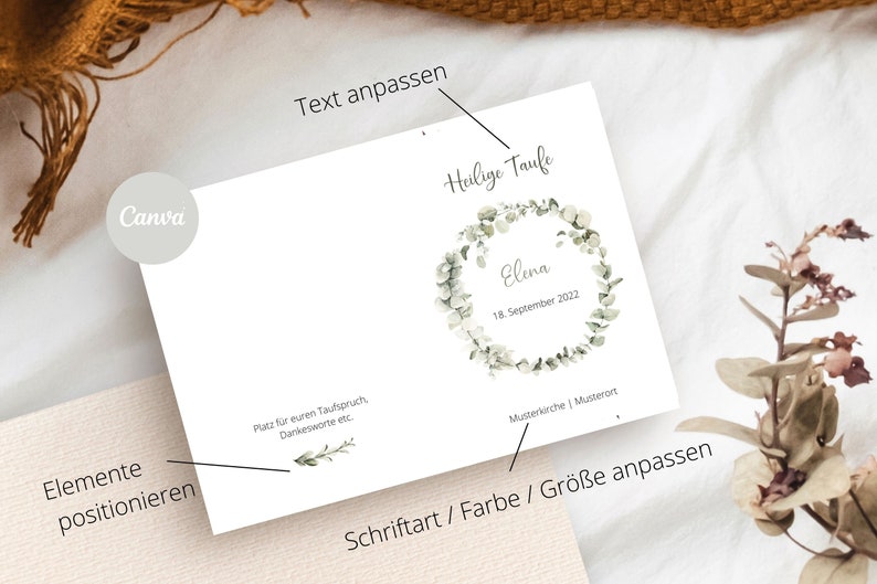 Canva Design | Kirchenheft Taufe digital | Eukalyptus Kranz | Sofort ...
