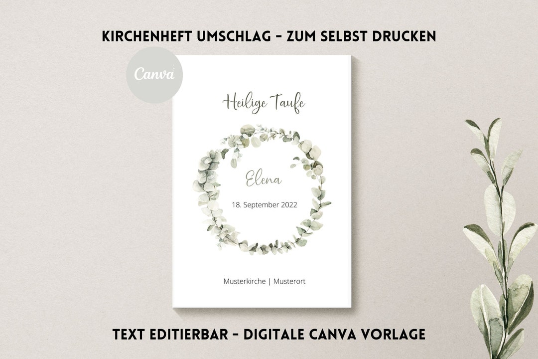 Canva Design | Kirchenheft Taufe digital | Eukalyptus Kranz | Sofort ...