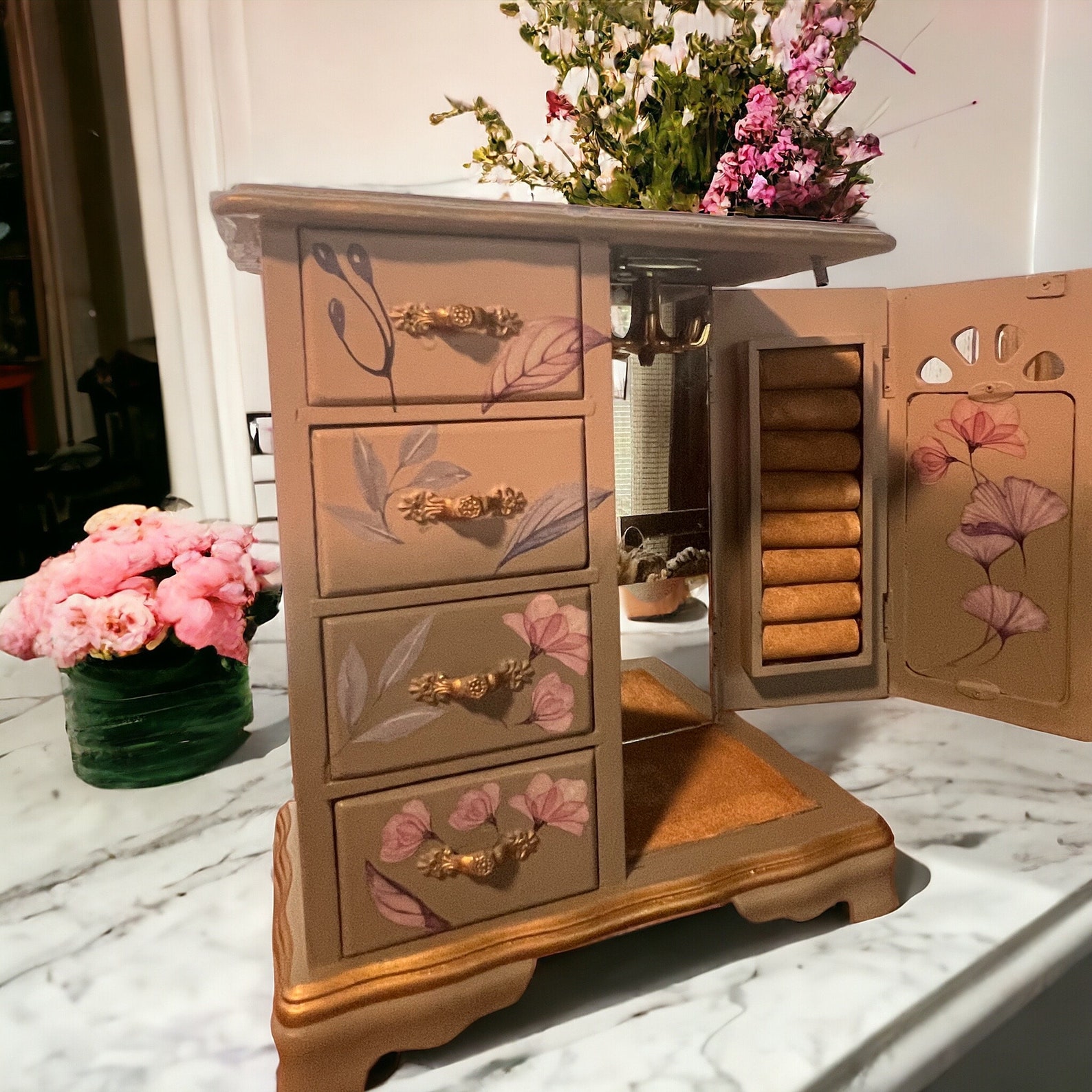 Flowers Jewelry Box / Wood Hand Painted Jewelry Box/ Gift for Her/pink ...