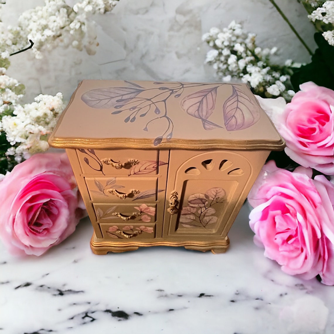 Flowers Jewelry Box / Wood Hand Painted Jewelry Box/ Gift for Her/pink ...