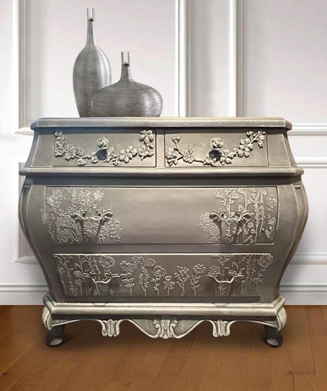Hand-painted Gray Bombay Chest: Floral Accent French Dresser - Etsy