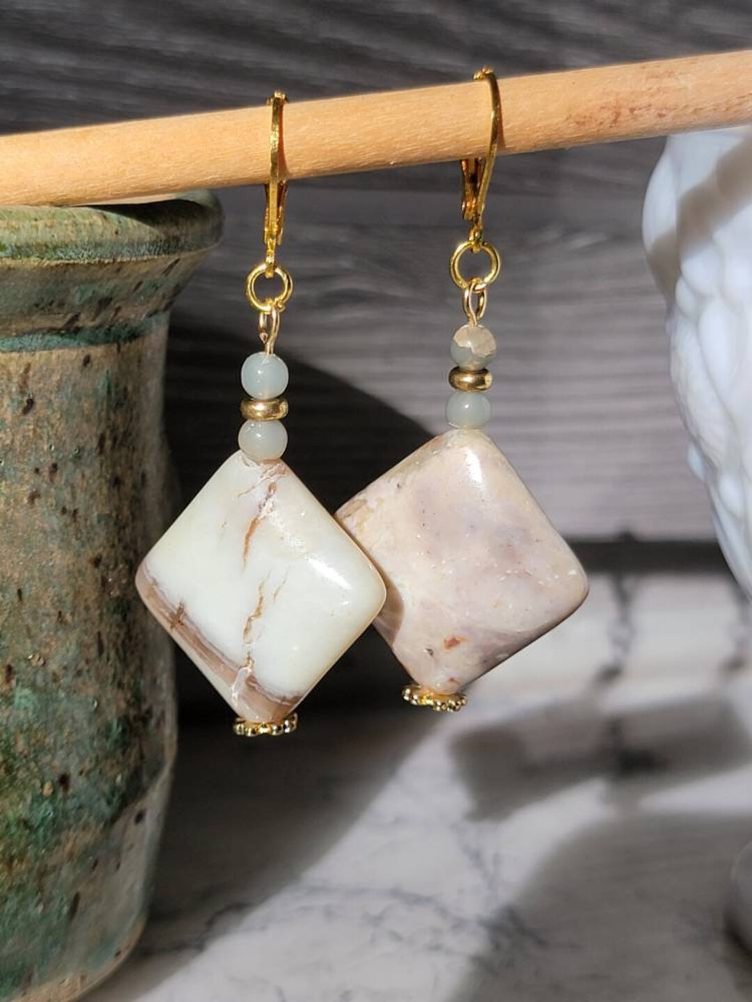 Rainforest Agate, Sea Sediment Jasper Gold Dangle, Natural Stone Dangle ...