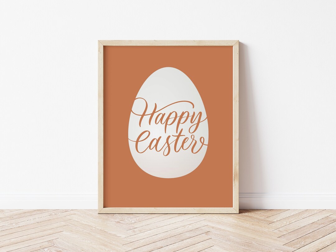 Happy Easter Print, Printable Easter Decor, Easter Egg Wall Art, Orange Easter Decor, Modern ...