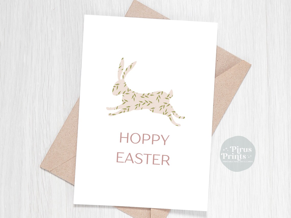 Printable Easter Card, Minimal Floral Hopping Bunny Rabbit Greeting ...