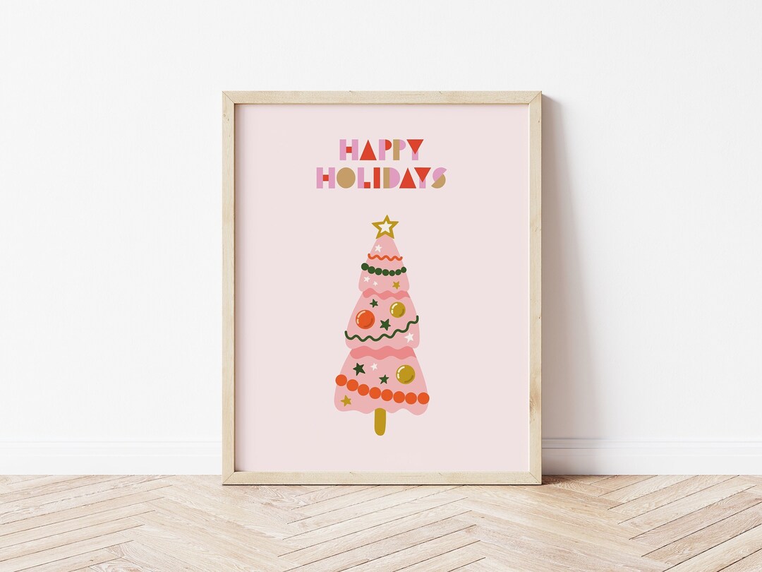 Pink Christmas Tree Print, Retro Christmas Printable Wall Art, Pink ...