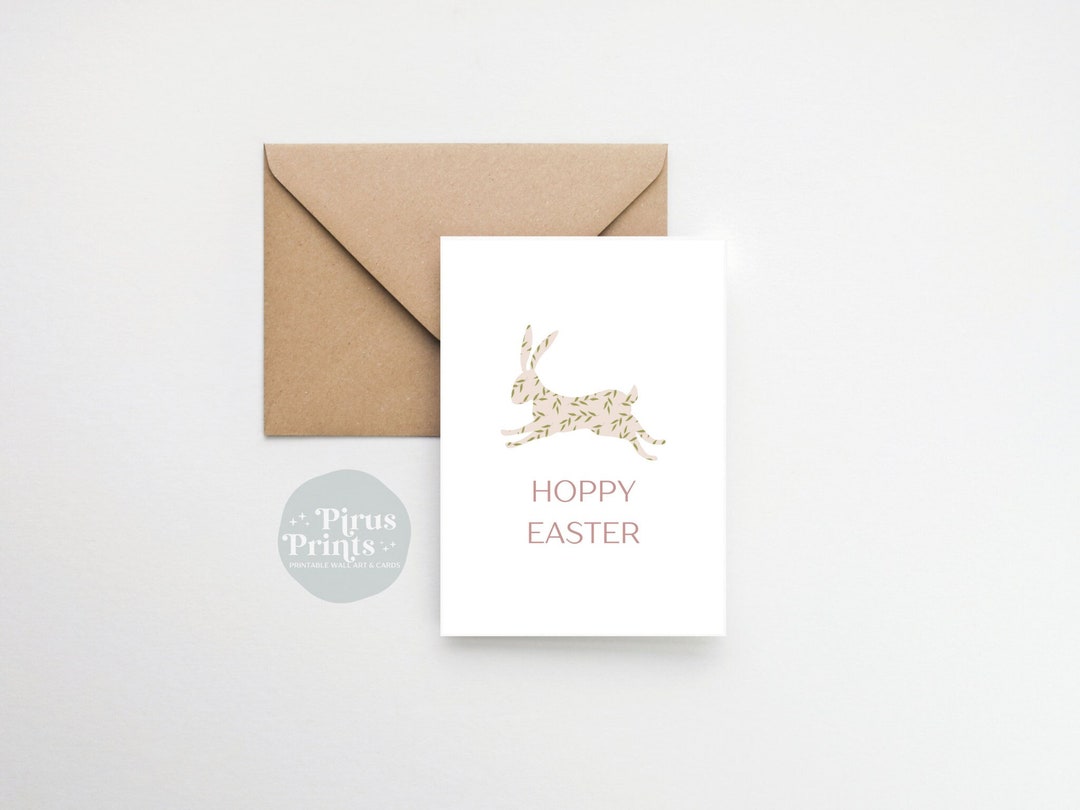 Printable Easter Card, Minimal Floral Hopping Bunny Rabbit Greeting ...