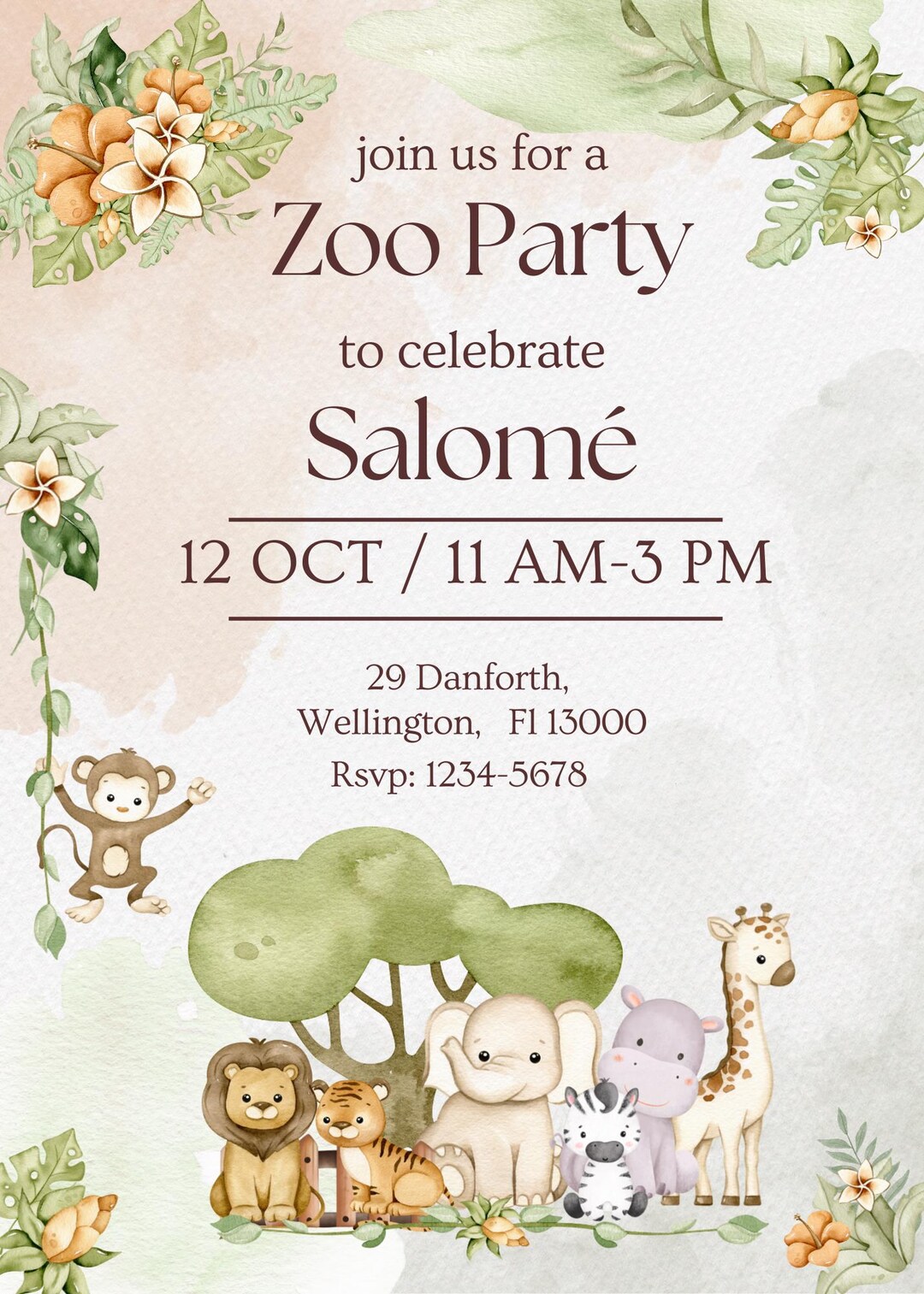 Editable Zoo Safari Birthday Invitation | Jungle Animals Party ...