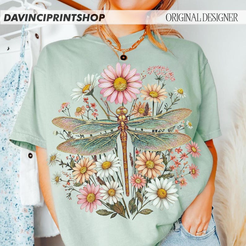 Dragonfly Daisy PNG – Floral Spring Woman Design, Vintage Botanical ...