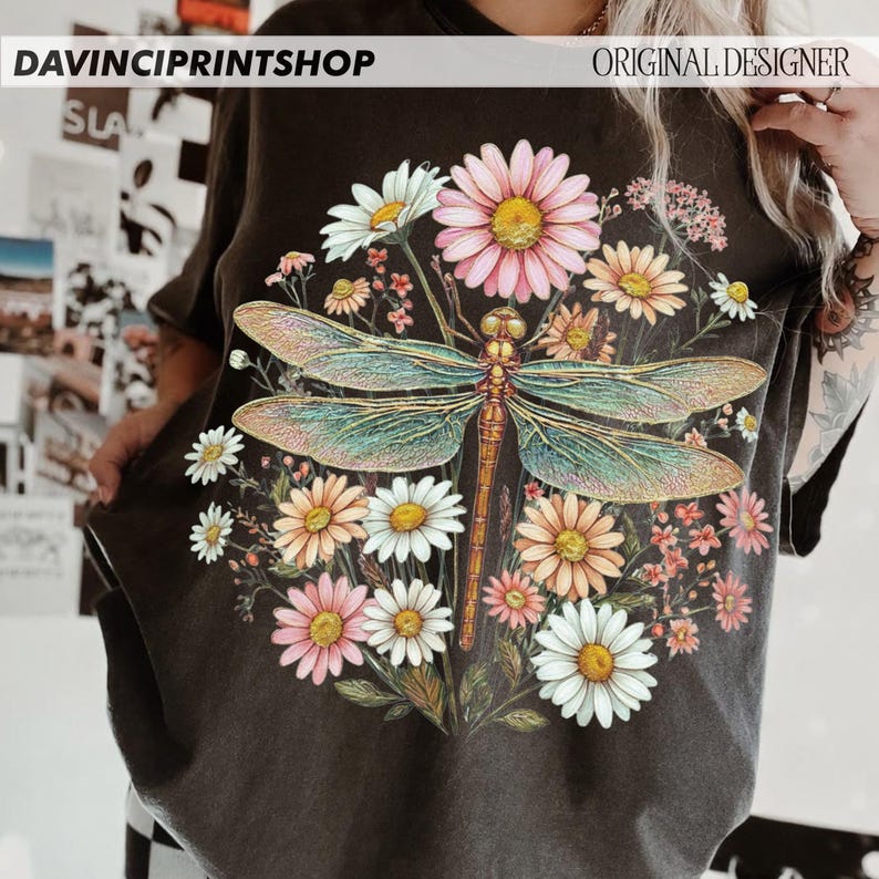 Dragonfly Daisy PNG – Floral Spring Woman Design, Vintage Botanical ...