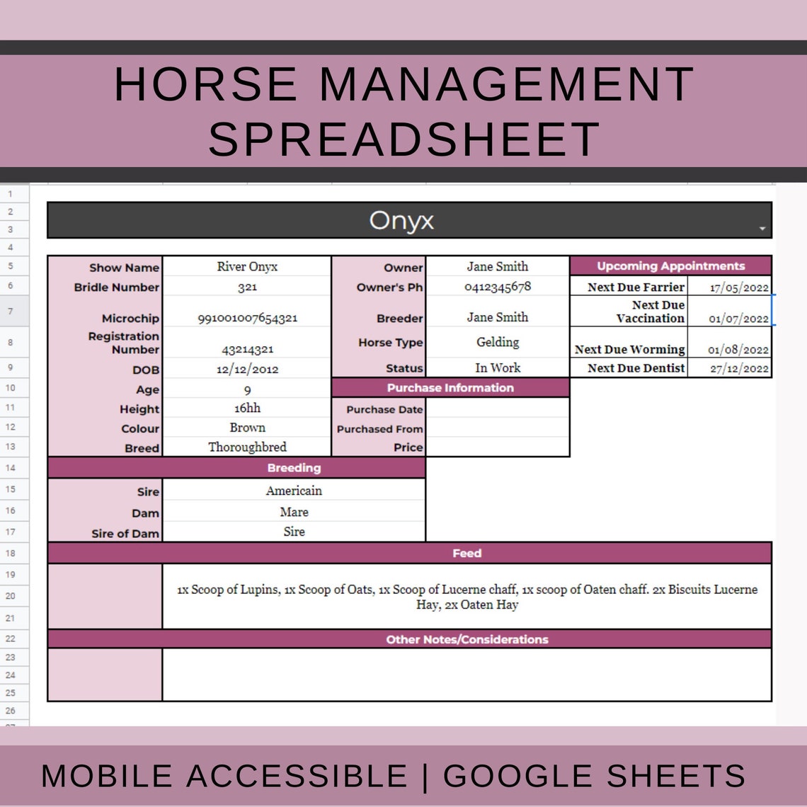 Multiple Horse Management Log Spreadsheet - Etsy