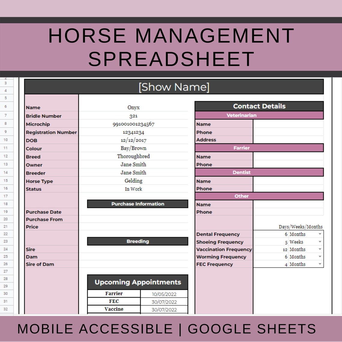 Single Horse Management Log Spreadsheet - Etsy
