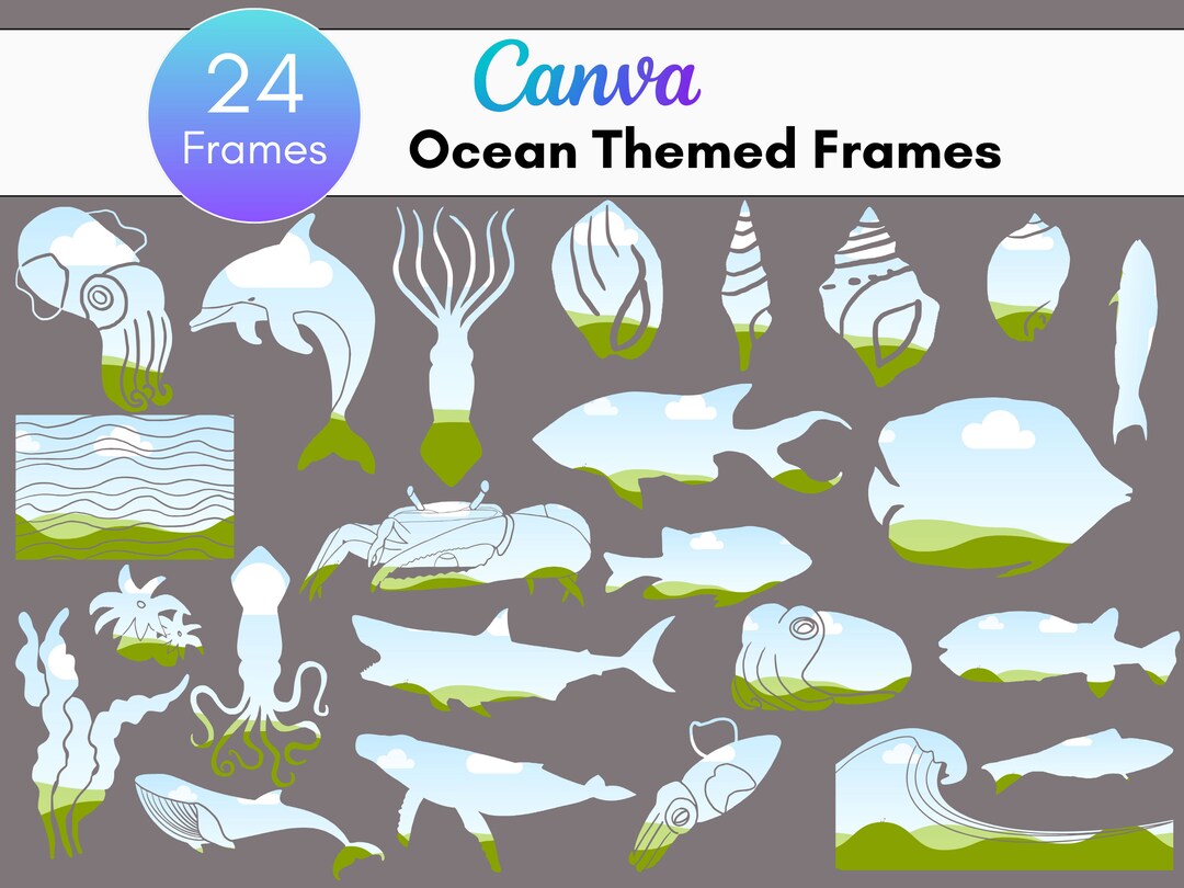 Ocean Canva Frames Template, Drag and Drop, Sea Life Whale Shark Fish ...