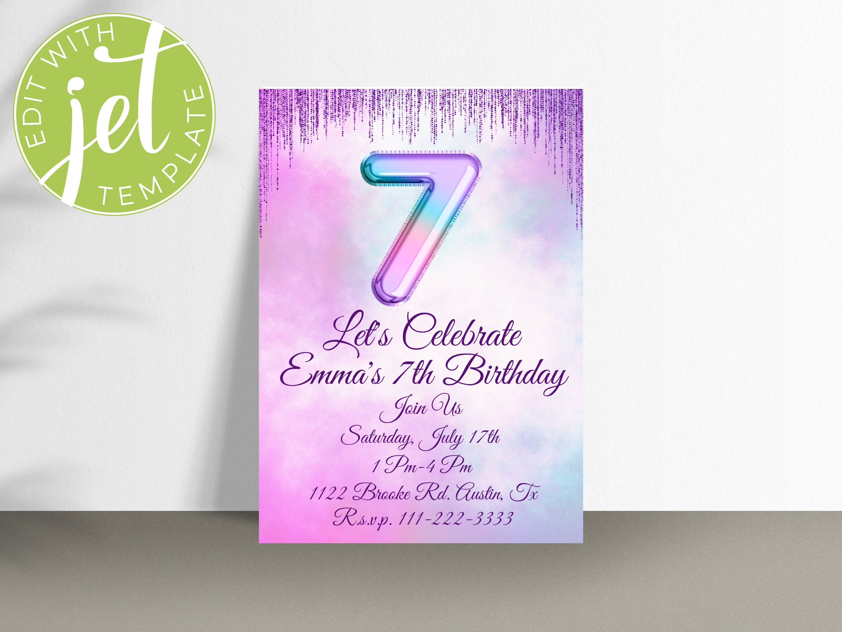 7th Birthday Party Printable Invitations Kids 7th Birthday Party Invite ...