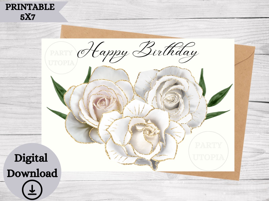 Printable Rose Birthday Cards | Digital Download B-day Cards | White ...