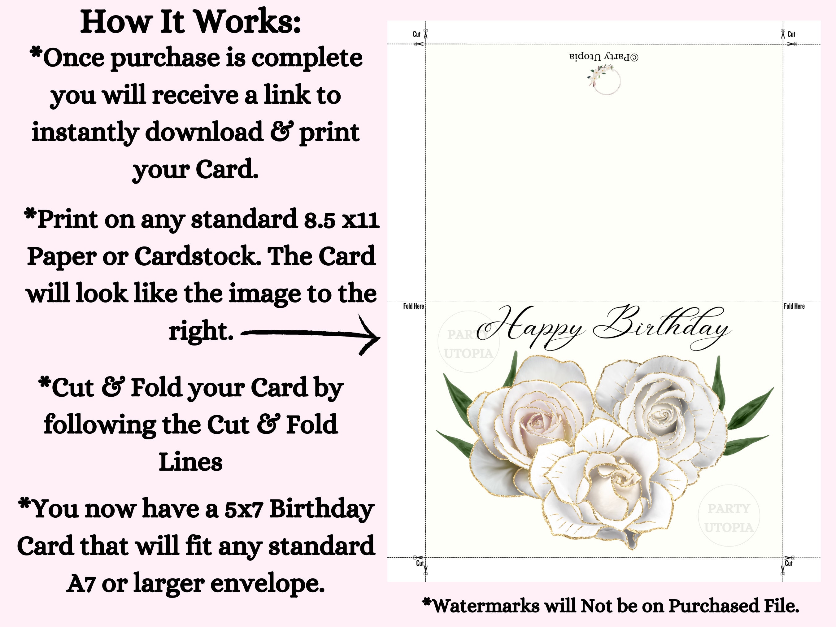 Printable Rose Birthday Cards | Digital Download B-day Cards | White ...