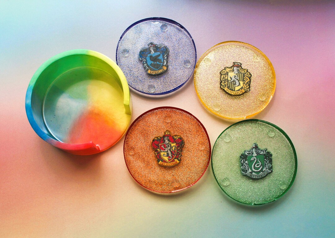 Movie House Crests Set of 4 Coasters + Holder, Resin, Fully Handmade ...