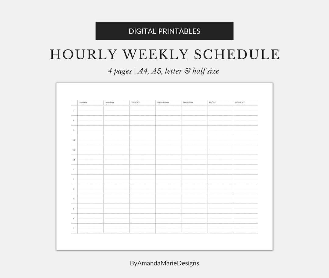Hourly Weekly Schedule Printable, Desk Week at a Glance, Landscape ...