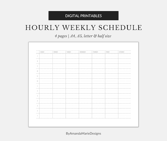 Hourly Weekly Schedule Printable Desk Week at a Glance - Etsy