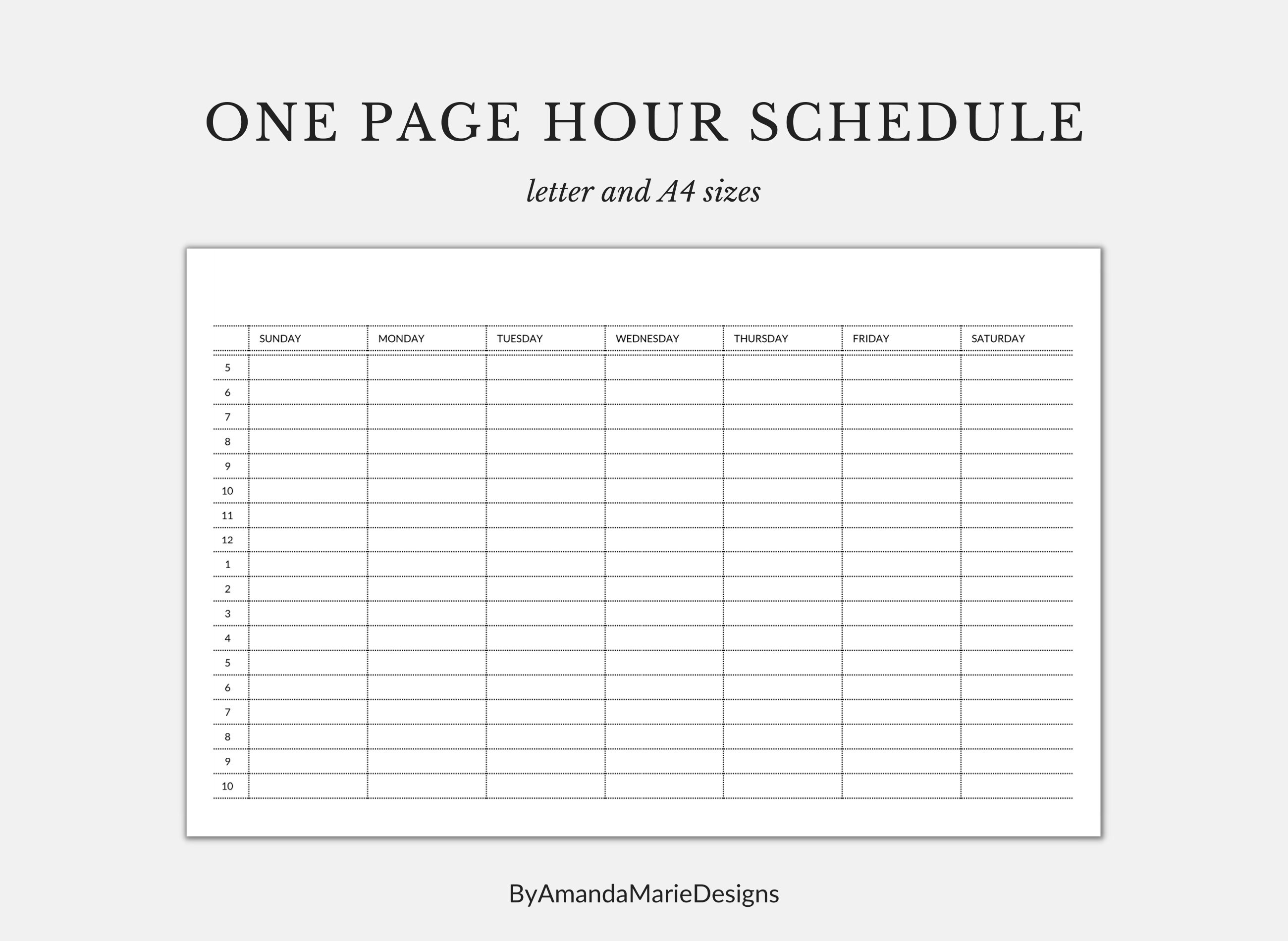 Hourly Weekly Schedule Printable, Desk Week at a Glance, Landscape ...