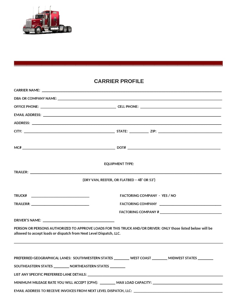 Freight Dispatchers (trucking) – Carrier Profile Sheet - Etsy