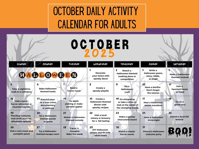 October Halloween Activity Calendar for Adults | 31 Days of Fun ...