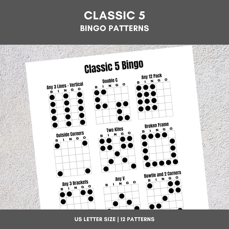 Printable Bingo Patterns | Classic 5 Bingo | 12 Fun Patterns | Party ...