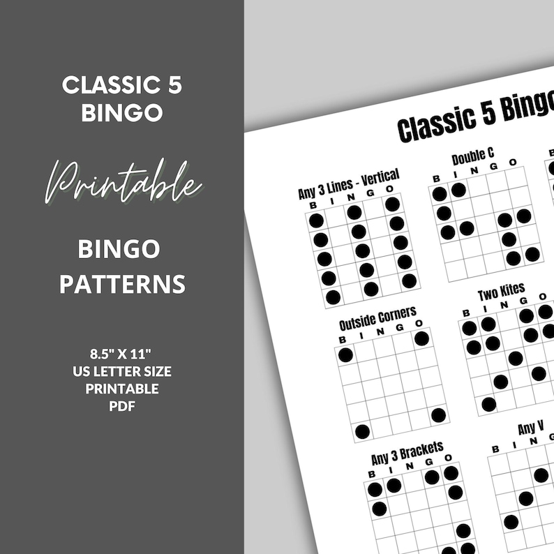 Printable Bingo Patterns | Classic 5 Bingo | 12 Fun Patterns | Party ...