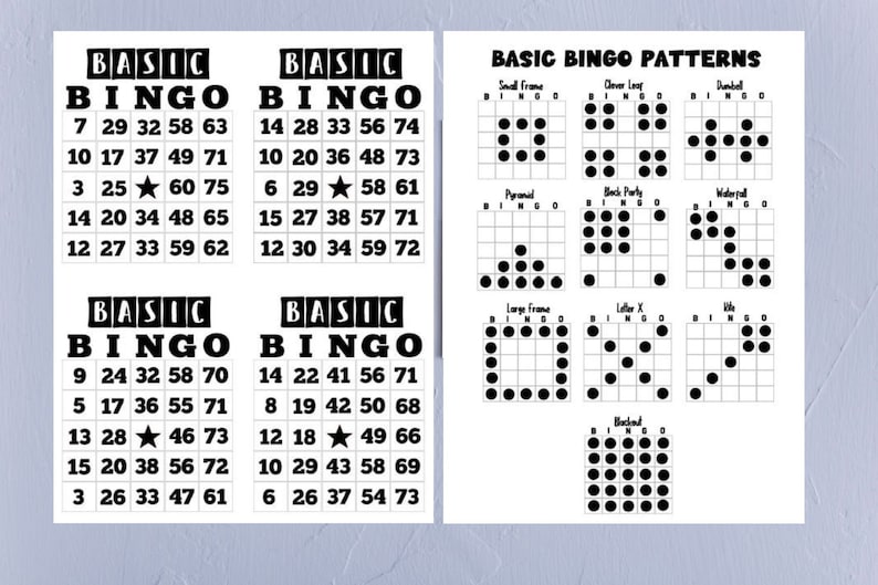 Bingo Card Set Basic Bingo Card Set With Fun Patterns - Etsy