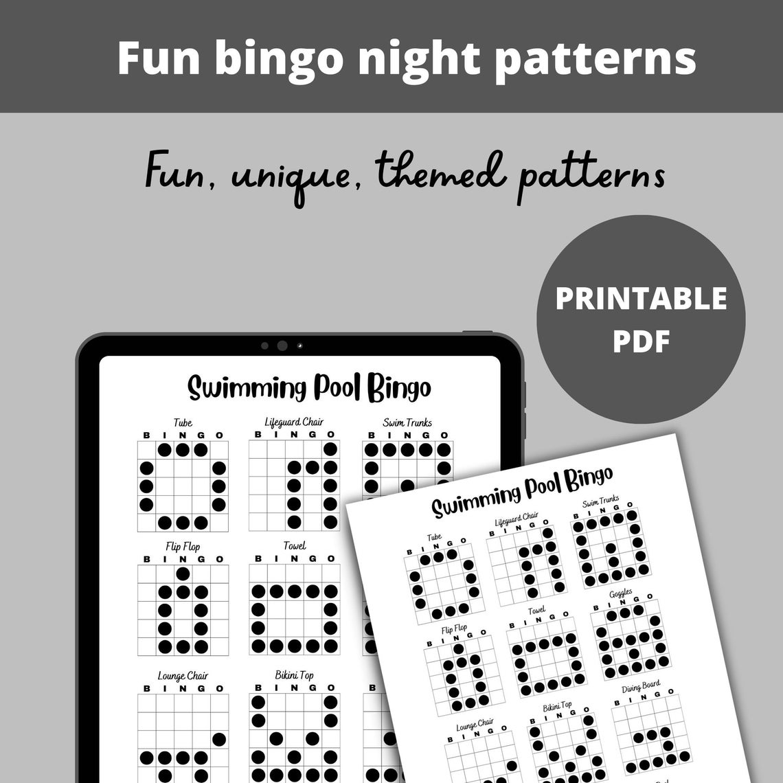 Bingo Patterns Swimming Pool Bingo Printable Bingo Games Bingo Game ...