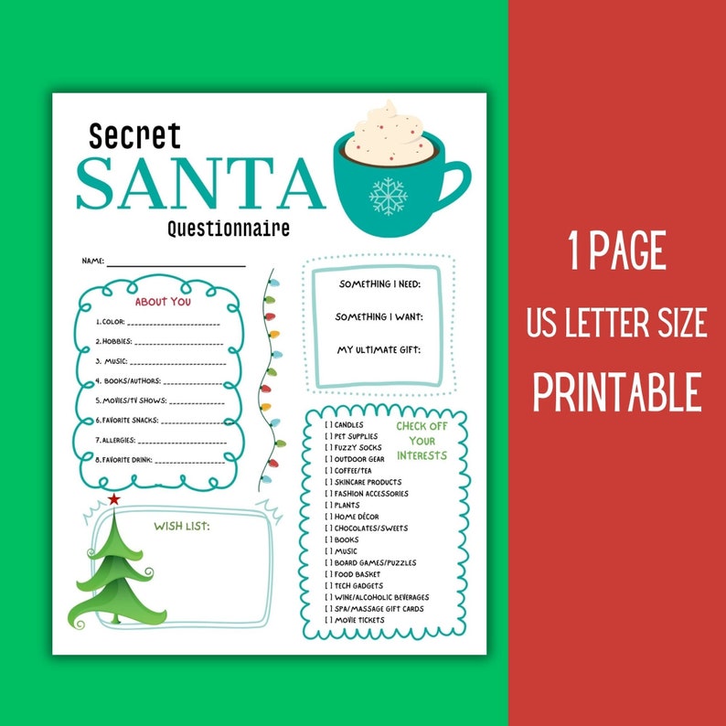 Secret Santa Questionnaire, Holiday Gift Exchange, Secret Santa List ...