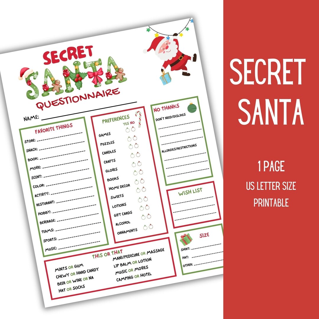 Secret Santa Questionnaire, Holiday Gift Exchange, Secret Santa List ...