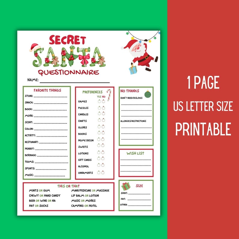Secret Santa Questionnaire Holiday Gift Exchange Secret - Etsy