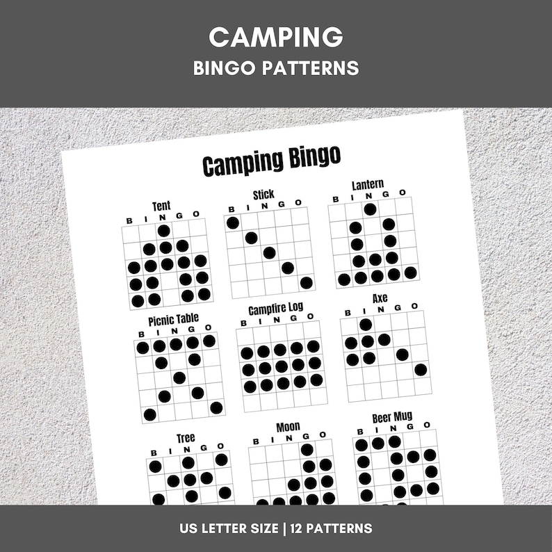 Printable Bingo Patterns | Camping Bingo | 12 Fun Patterns | Party ...