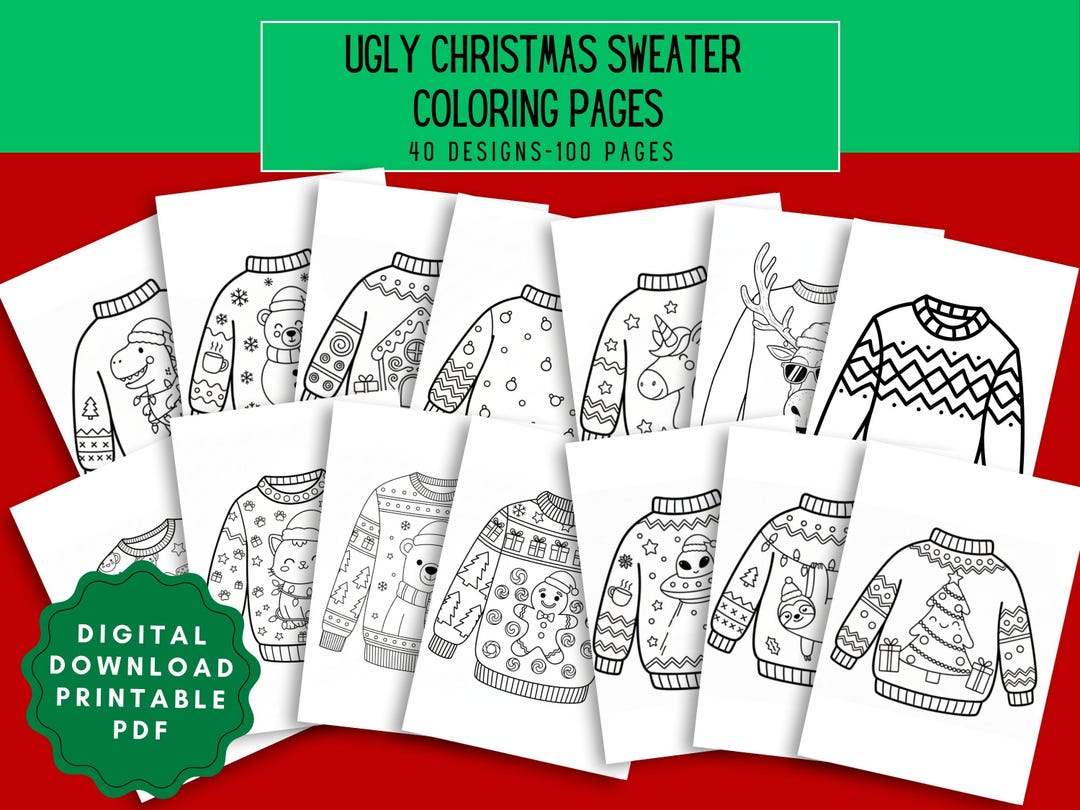 Ugly Christmas Sweater Coloring Pages Bundle, 40 Designs, 100 Pages ...