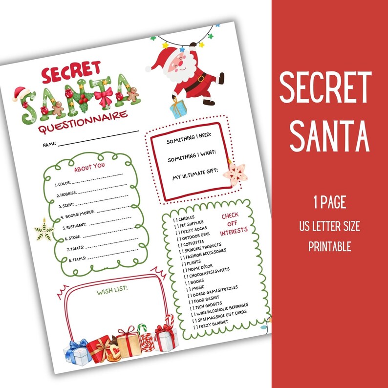 Secret Santa Questionnaire, Holiday Gift Exchange, Secret Santa List ...