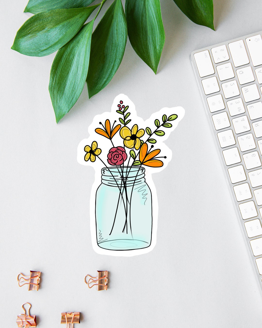 Flower Mason Jar Sticker, Watercolor Flower Label, Clear Laptop Sticker ...