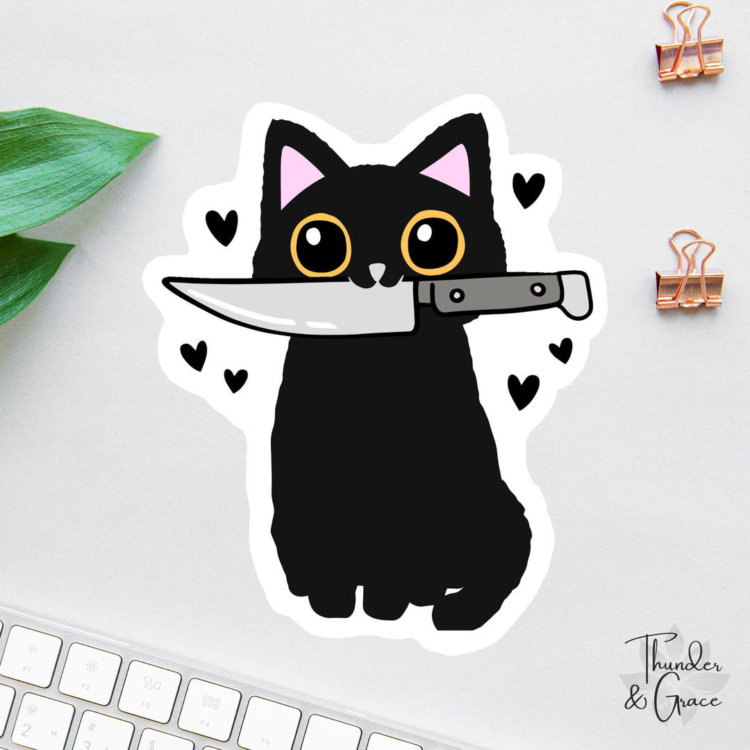 Funny Cat With Knife Sticker, Halloween Cat, Black Cat, Ew Valentines ...