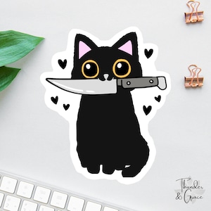 Funny Cat With Knife Sticker, Halloween Cat, Black Cat, Ew Valentines ...