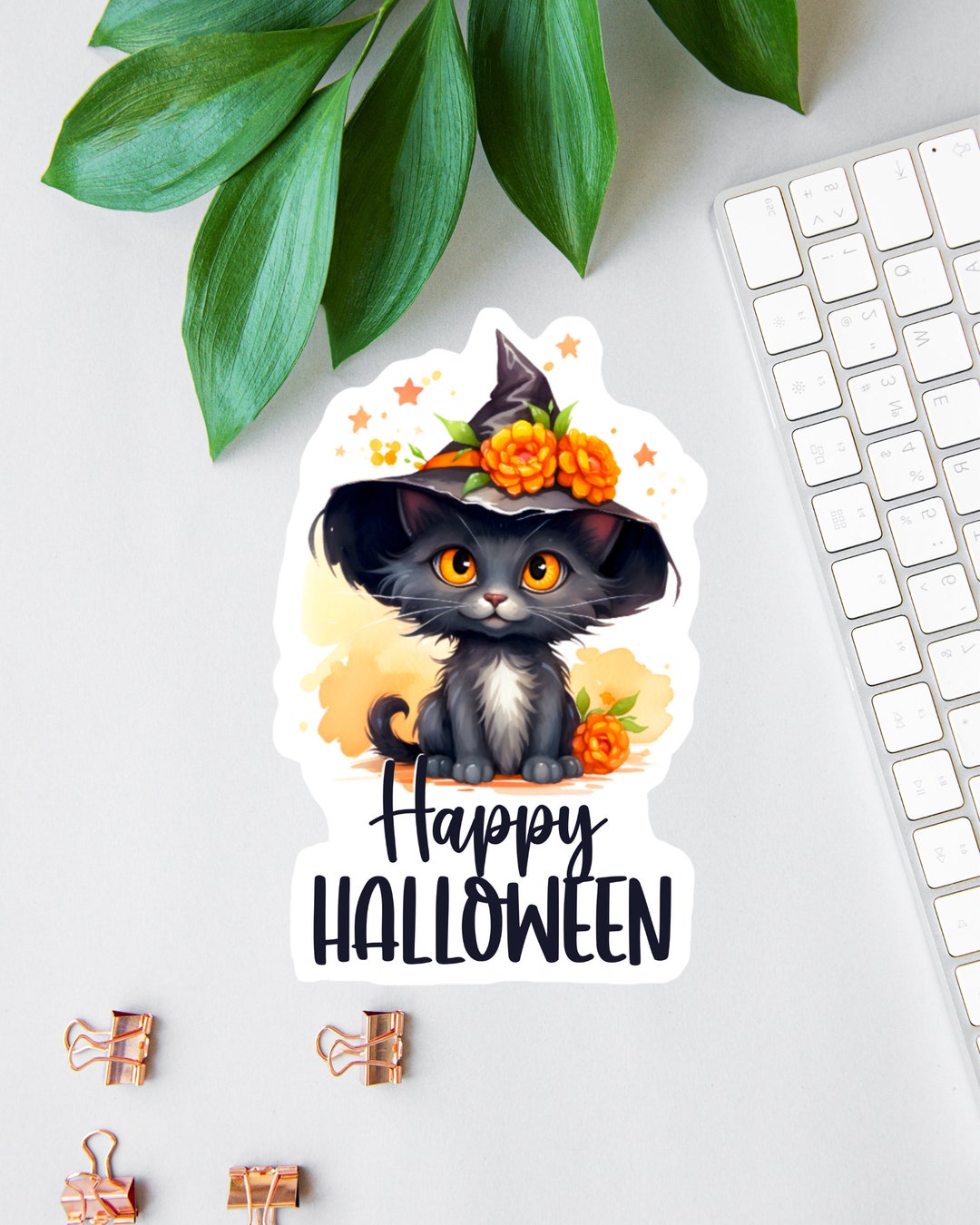 Floral Cat Sticker, Happy Halloween Magnet, Black Cat Decal, Halloween ...